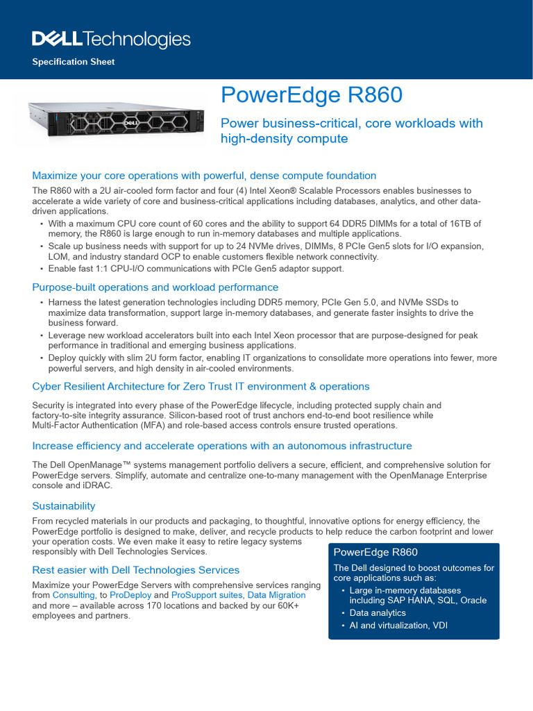 Poweredge r860 Spec Sheet | PDF | Solid State Drive | Computer Hardware