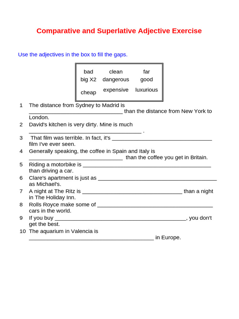 Comparative and Superlative Adjective Exercise | PDF