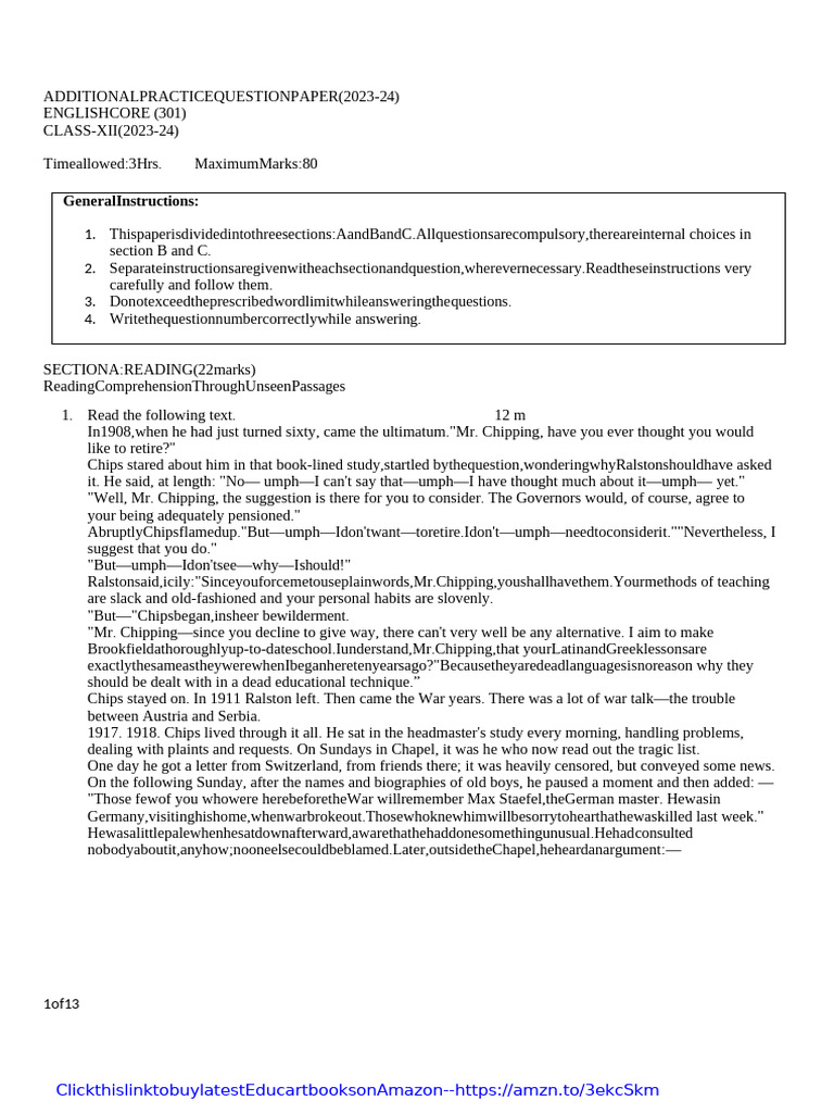 Class XII English Core-PQ-Set 2 | PDF