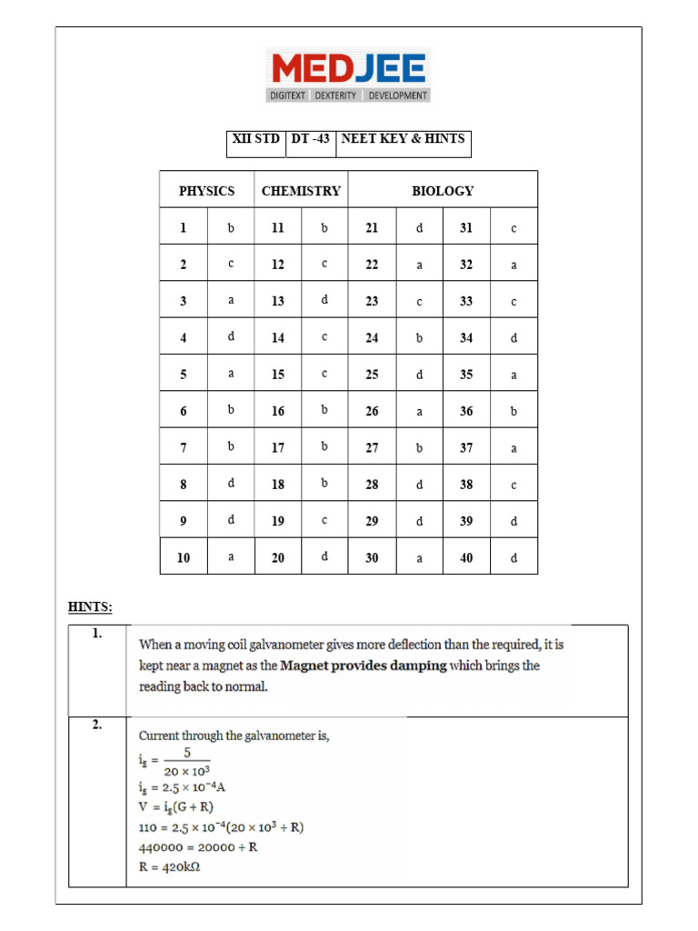 Xii DT-43 Neet Key & Hints | PDF