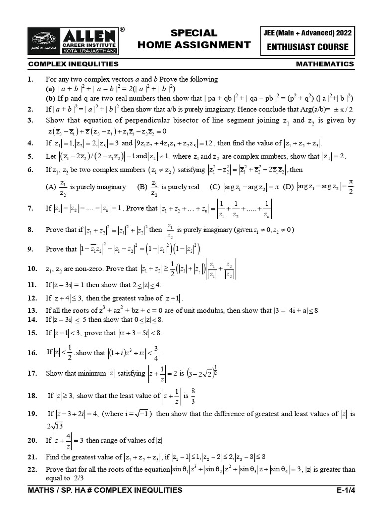 Special Home Assignments On Complex Numbers | PDF | Complex Number | Circle