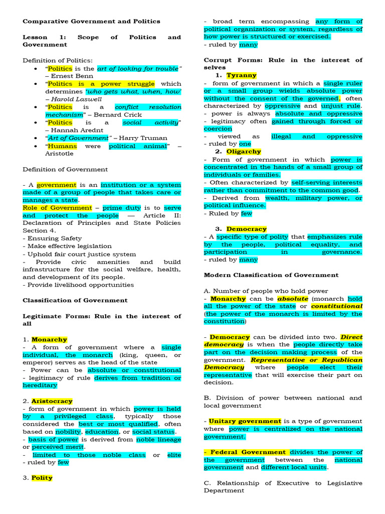 Comparative Government and Politics Reviewer | PDF | Government | Power ...
