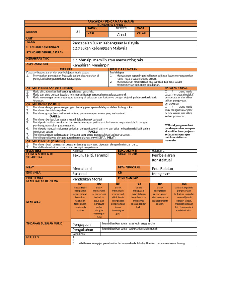 M31 RPH Sejarah THN 6 2024-2025 by Cikgu Gorgeous | PDF