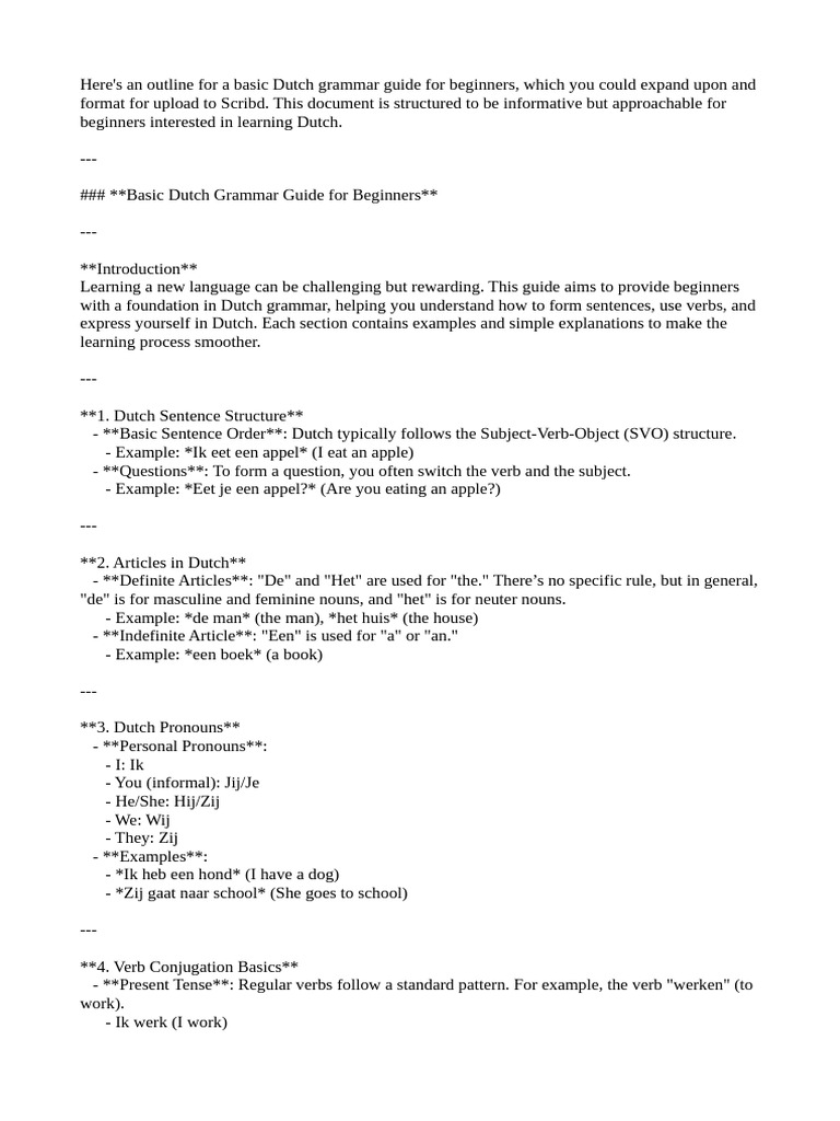 Basic Dutch Guide | PDF | Language Families | Morphology