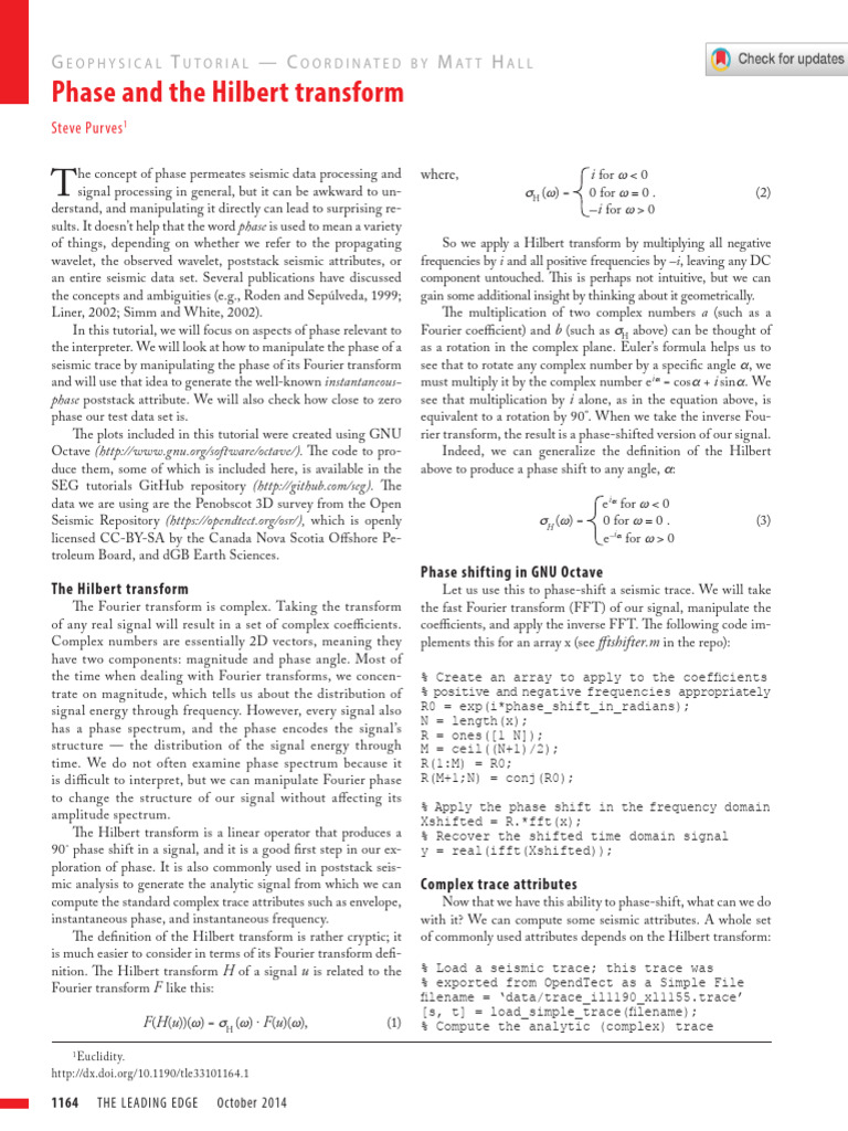Purves 2014 Phase and The Hilbert Transform | PDF | Fourier Transform | Complex Number