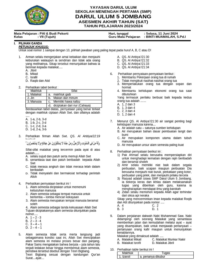 Soal Sat Pai & BP Kelas 7 2023.2024 | PDF