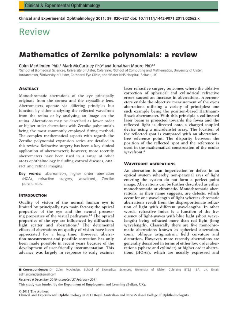 Mathematics of Zernike Polynomials A Rev | PDF | Optics ...