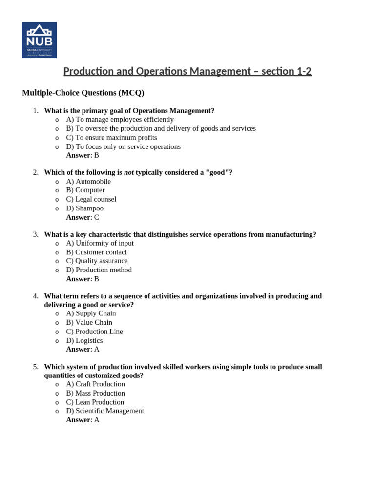 Production and Operations Management - Section 1-2 - Answers | PDF ...