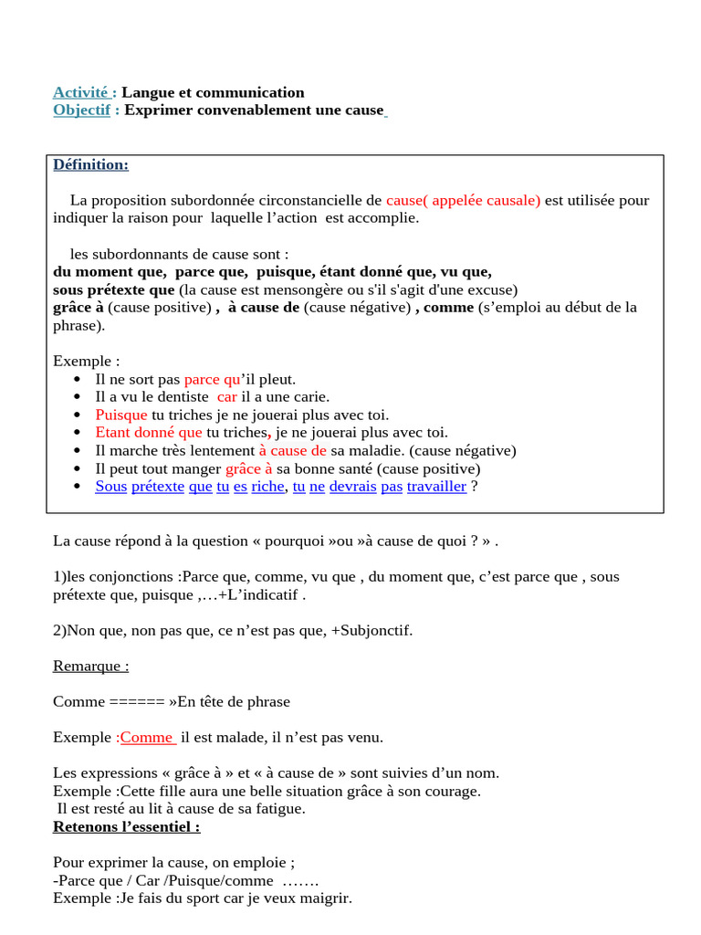 Exprimer la cause en français | PDF | Arts du langage et discipline