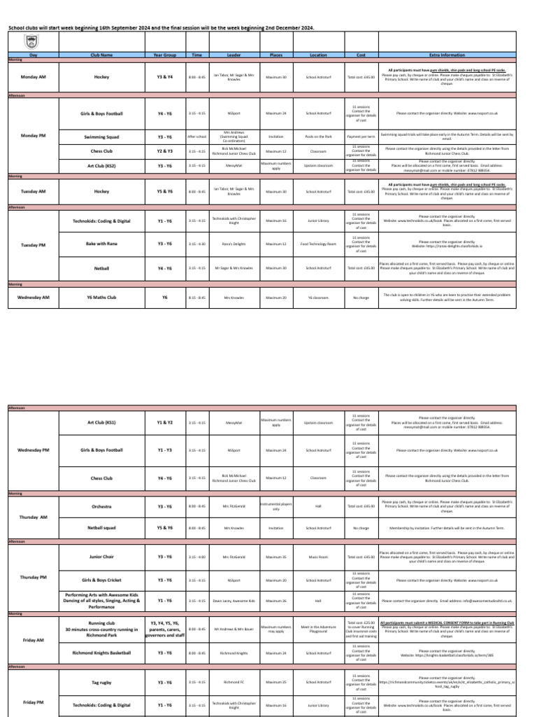 School Clubs Programme Autumn Term 2024 - 1 | PDF
