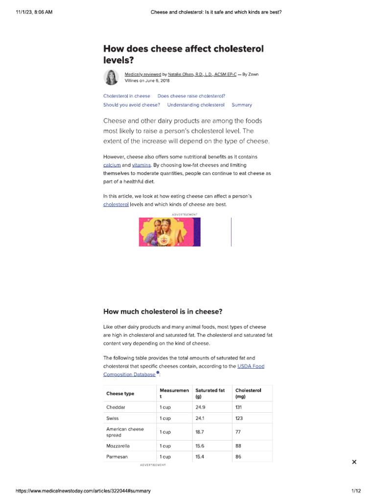 Cholesterol Levels in Cheese | PDF