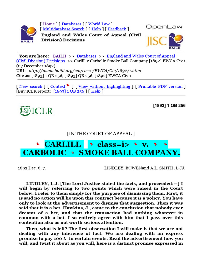 Carlill V Carbolic Smoke Ball Company 1892 EWCA Civ 1 07 December | PDF ...