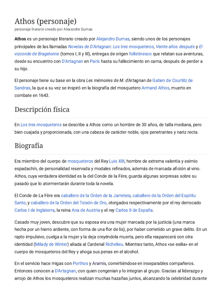 Athos (Personaje) - Wikipedia, La Enciclopedia Libre | PDF | Alexandre Dumas | Los tres mosqueteros