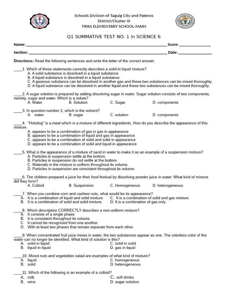 Q1 Science 6 Summative Tes No. 1 2 | PDF | Mixture | Colloid