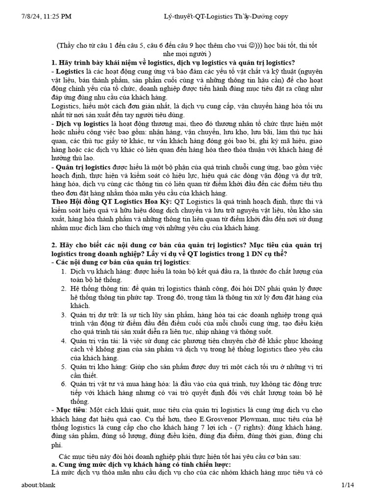 Lý thuyết QT Logistics Thầy Dưỡng | PDF