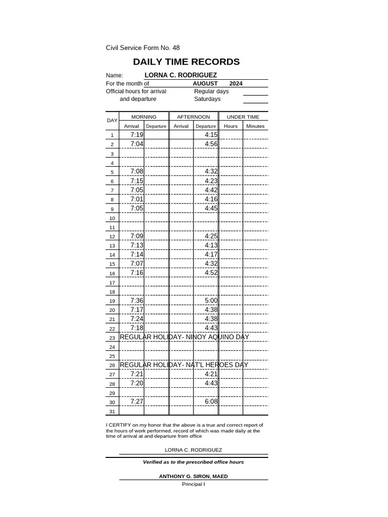 Lorna DTR Form 48 August 2024 | PDF