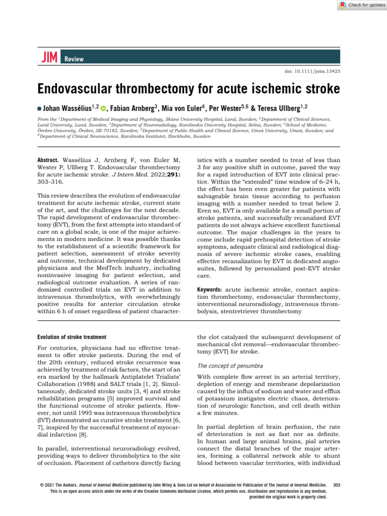 Journal of Internal Medicine - 2022 - Wassélius - Endovascular Thrombectomy For Acute Ischemic ...