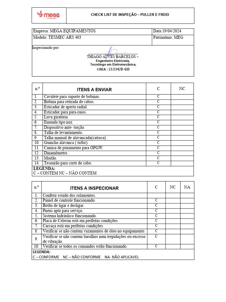 2 - Check List de Inspeção - Puller e freio - TESMEC ARS 403 | PDF