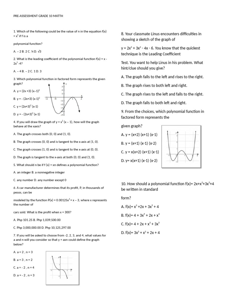 PRE ASSESSMENT G10 MATH | PDF | Function (Mathematics) | Polynomial
