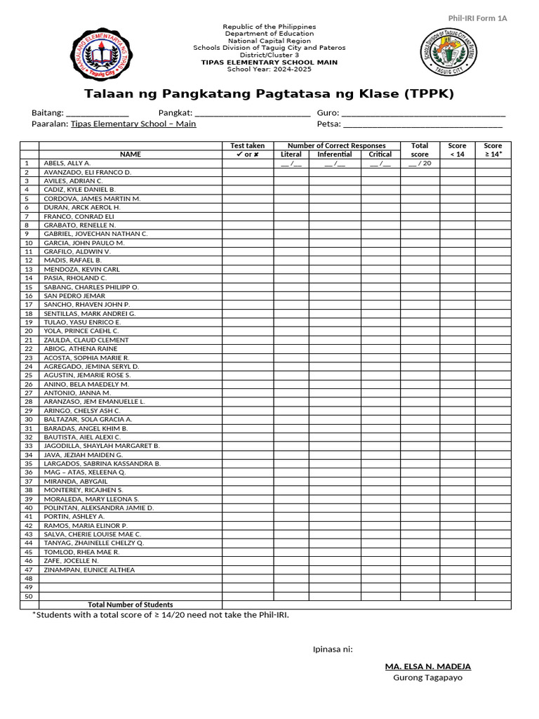 Screening Test Class Reading Record | PDF | Philippines