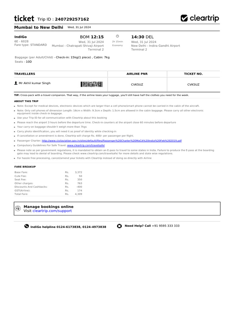 Cleartrip Flight Domestic E-Ticket | PDF | Baggage | Airport