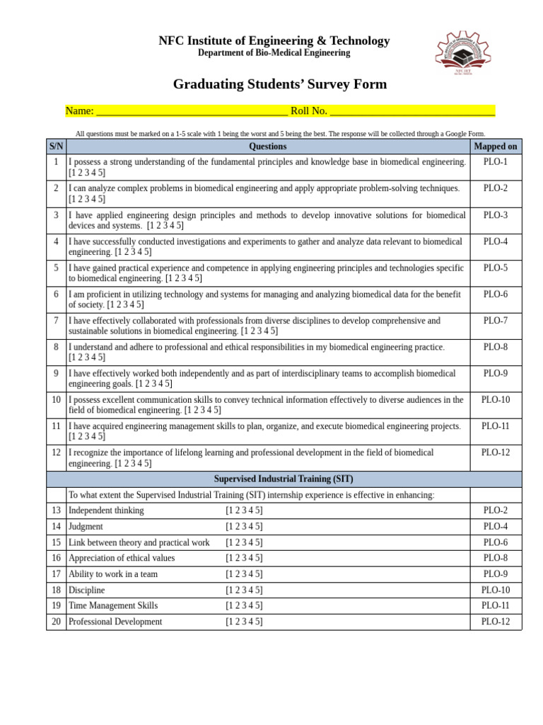 (bMET) Graduating Survey Form | PDF | Engineering | Biomedical Engineering