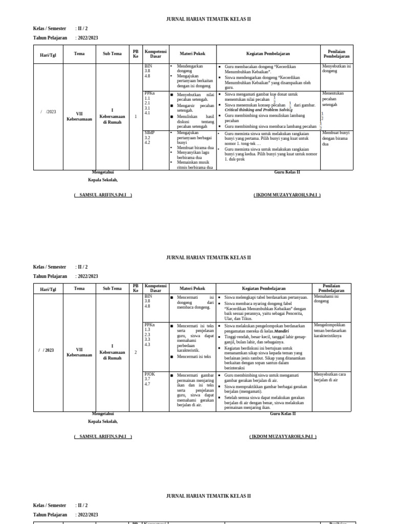Jurnal Kelas 2 Tema 7 | PDF