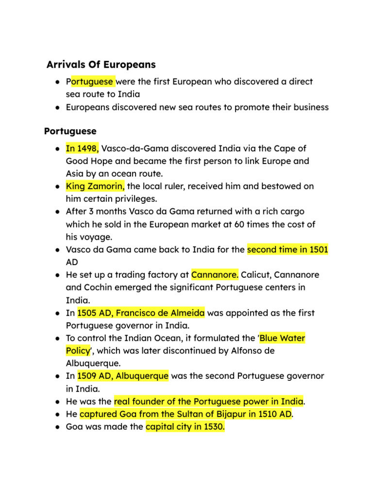 1st Lec Arrivals of Europeans Notes | PDF | Colonial India | Age Of ...