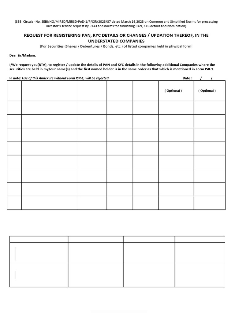 Annexure for ISR-1 Form Submission | PDF