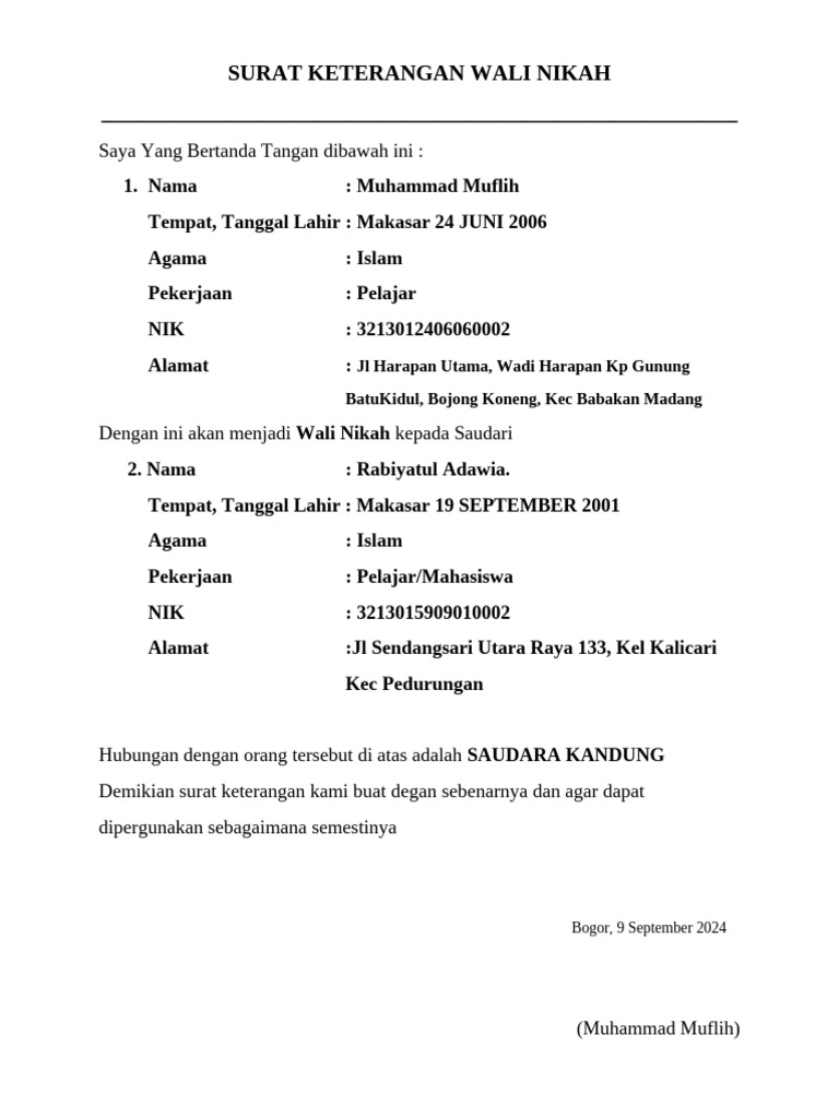 Surat Keterangan Wali Nikah 2024 | PDF