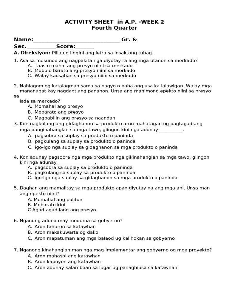AP 4th Week 2 ACTIVITY SHEET | PDF