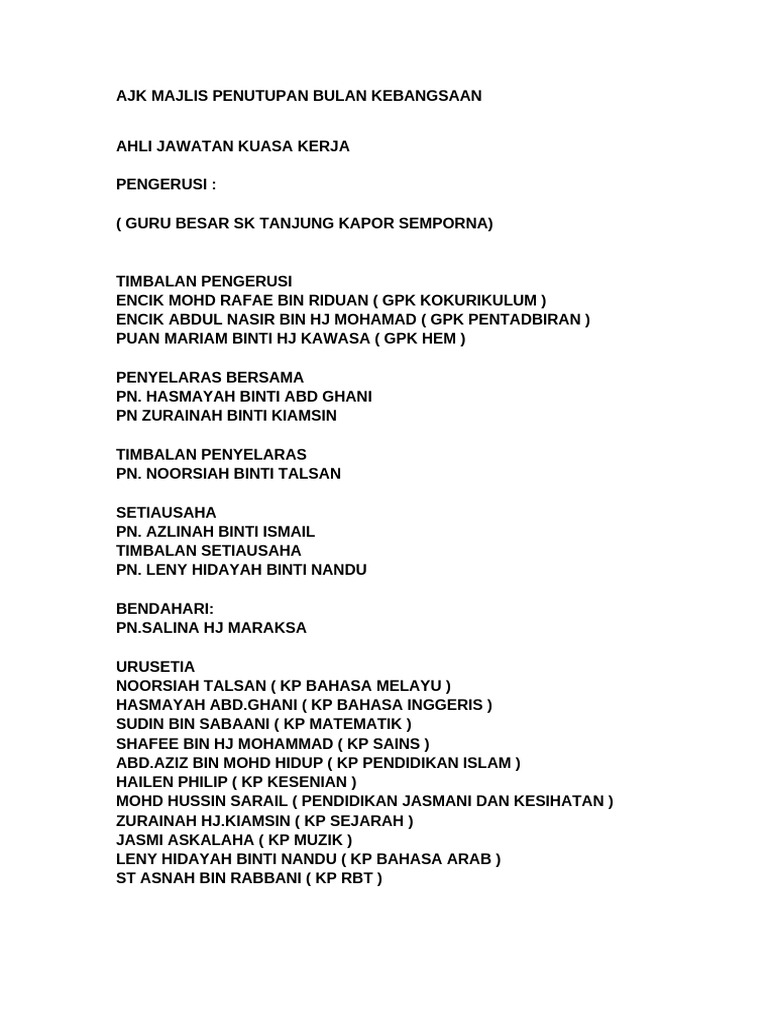 Ajk Majlis Penutupan Bulan Kebangsaan | PDF