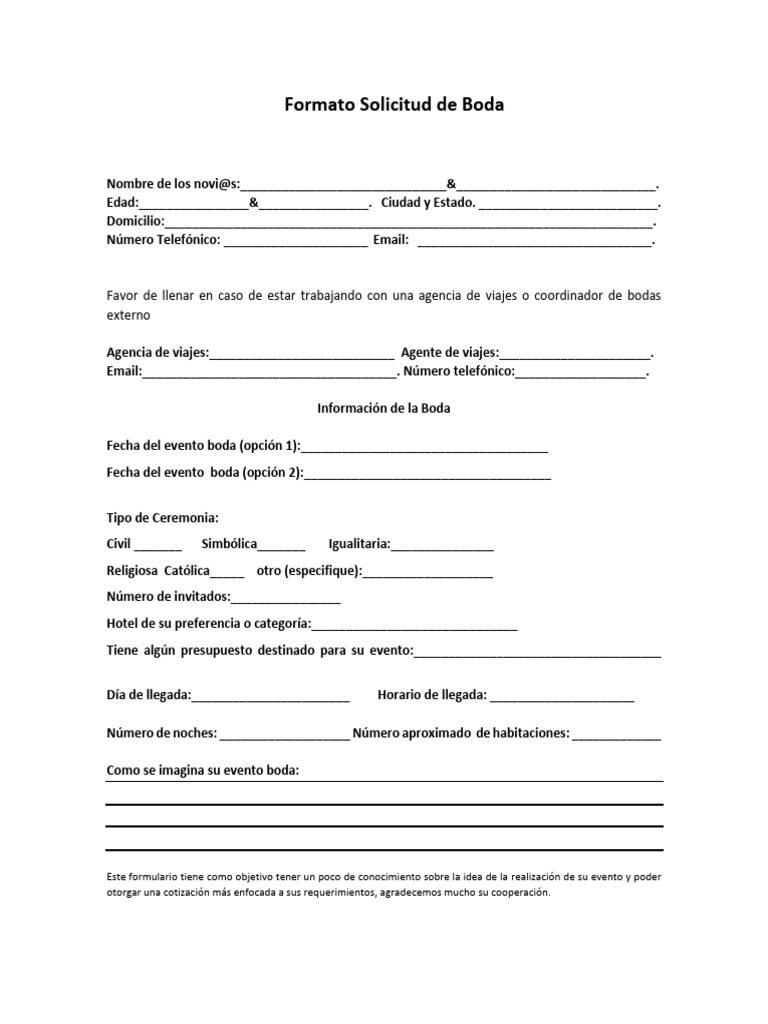 Formato Solicitud de Boda Destino | PDF
