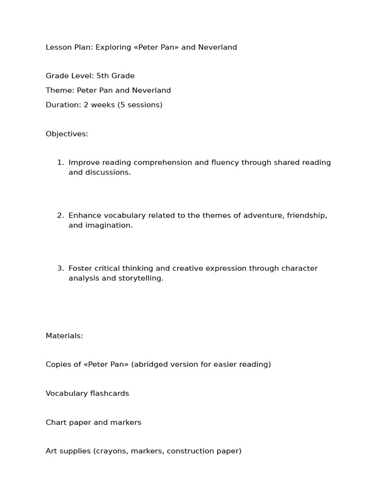 Peter Pan Lesson Plan for Grade 5 | PDF | Educational Assessment ...