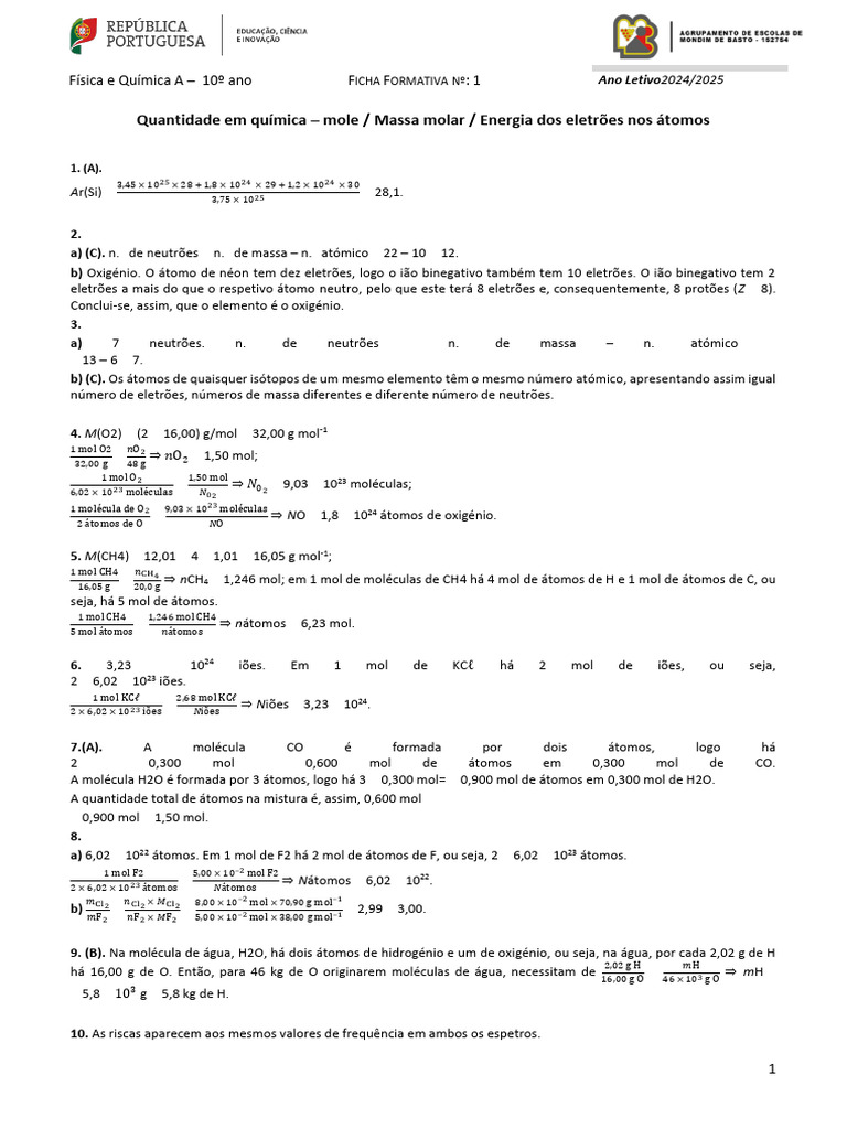Resol. Ficha Form. 1-Q-24 | PDF | Mol (unidade) | Átomos