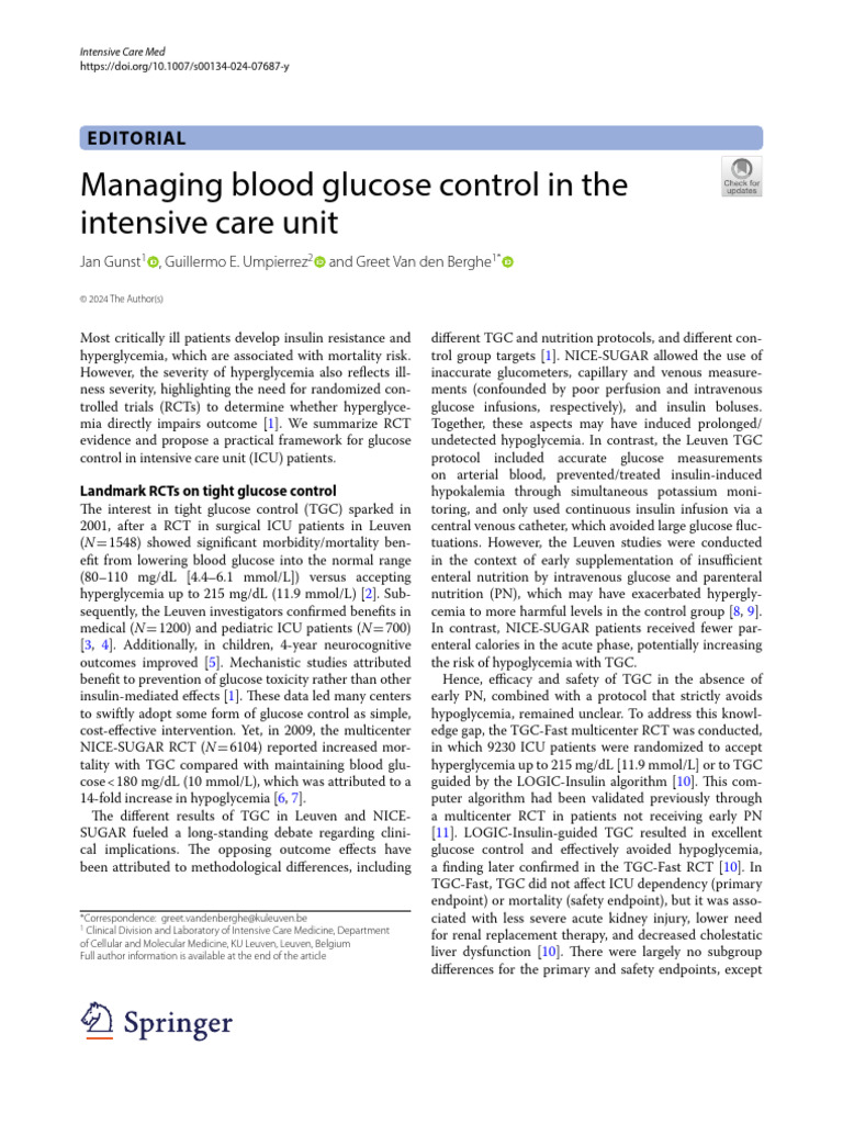 Managing Blood Glucose Control in The Intensive Care Unit: Editorial ...