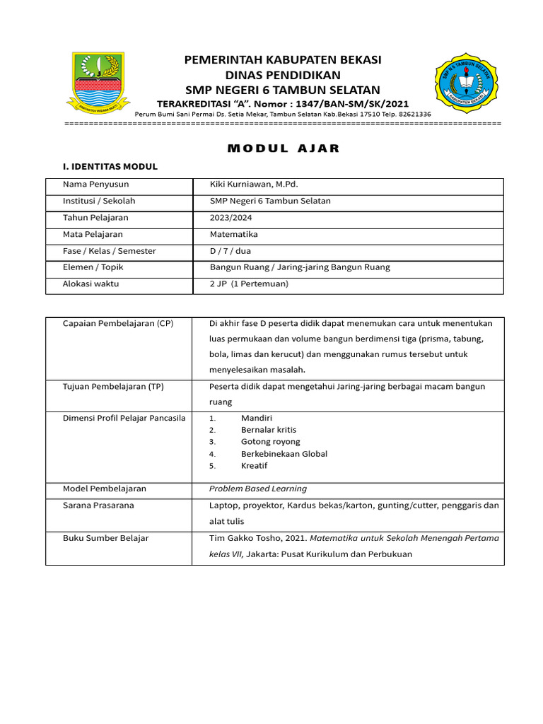 Modul Ajar Math 7 S2 BAB 6 (Bangun Ruang) | PDF