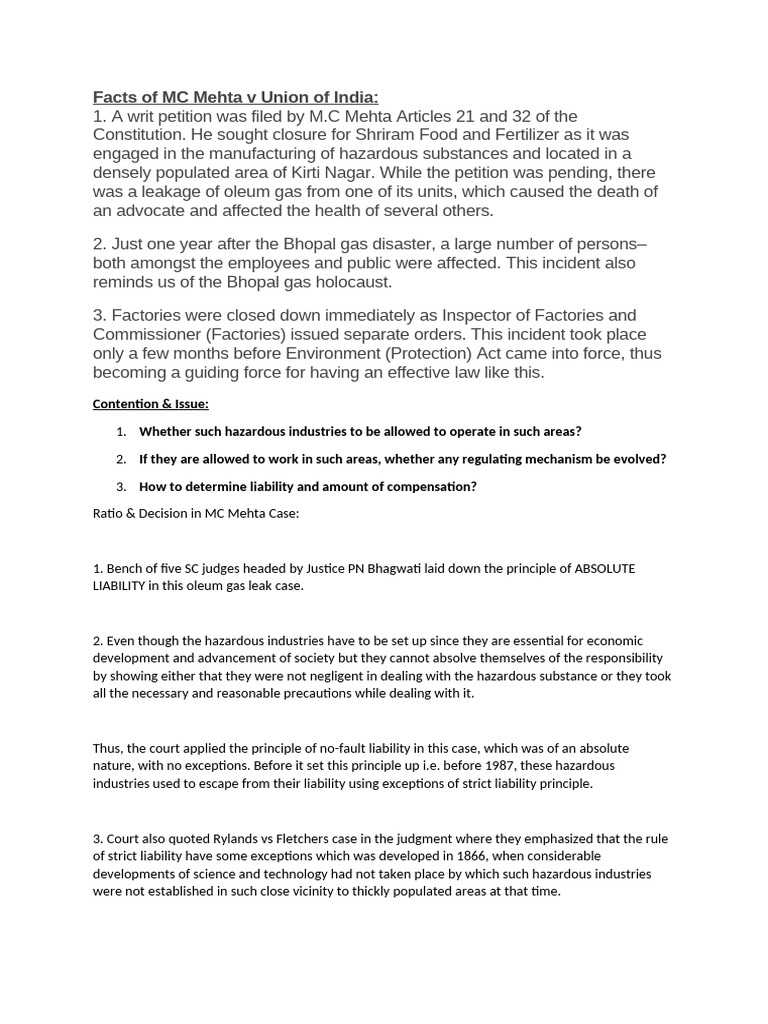 CASE STUDY OF M.C MHETA (AutoRecovered) | PDF | Writ | Judgment (Law)