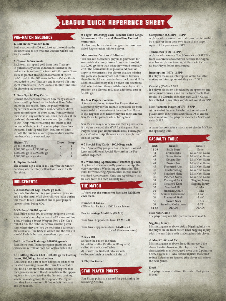 Blood Bowl - Quick Reference Sheet - League | PDF | National Football ...