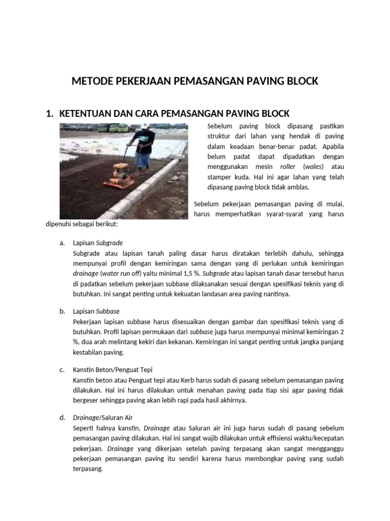 Metode Pekerjaan Pemasangan Paving Block | PDF