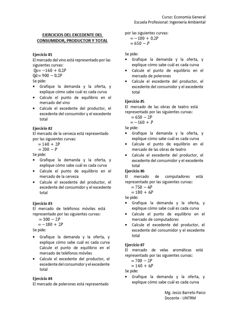 Ejercios Excedente Del Consumidor, Productor y Total | PDF | Excedente ...