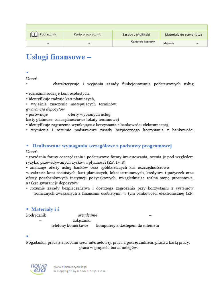 Scenariusz Lekcji Uslugi Finansowe Konta Karty I Lokaty Karta Pracy zp2 | PDF