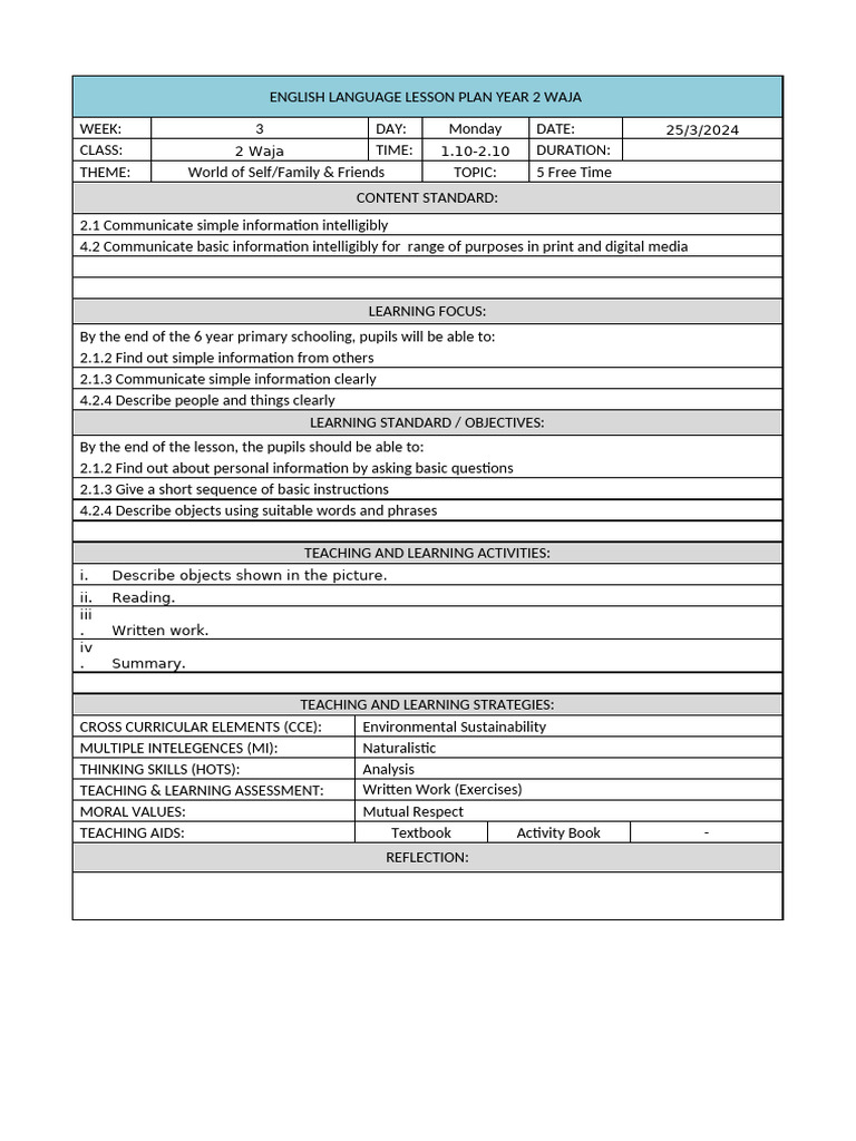 Contoh RPH Bahasa Inggeris Tahun 2 | PDF