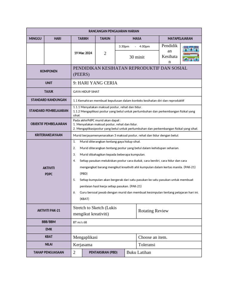 Contoh RPH Pendidikan Kesihatan Tahun 2 | PDF