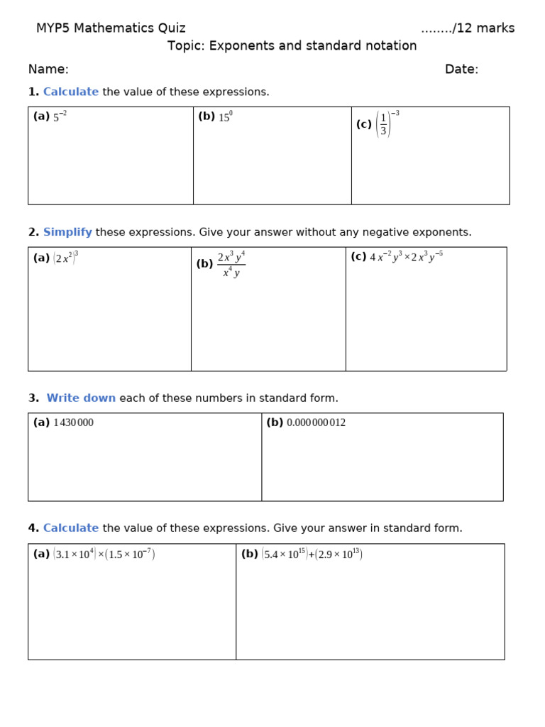 Quiz - Exponent and Standard Form | PDF