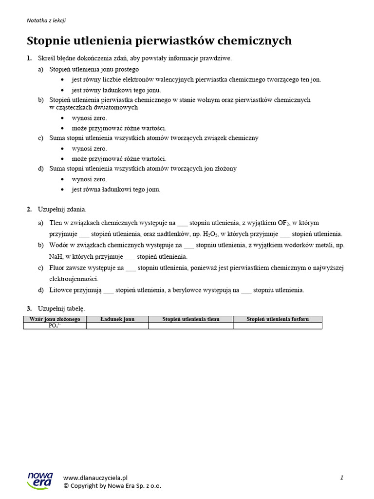 Notatka Z Lekcji Stopnie Utlenienia Pierwiastkow Chemicznych | PDF