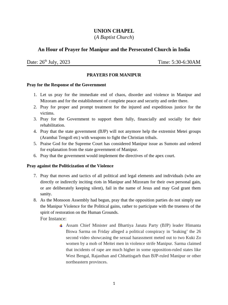 An Hour of Prayer For Manipur and Persecuted Church in India | PDF ...
