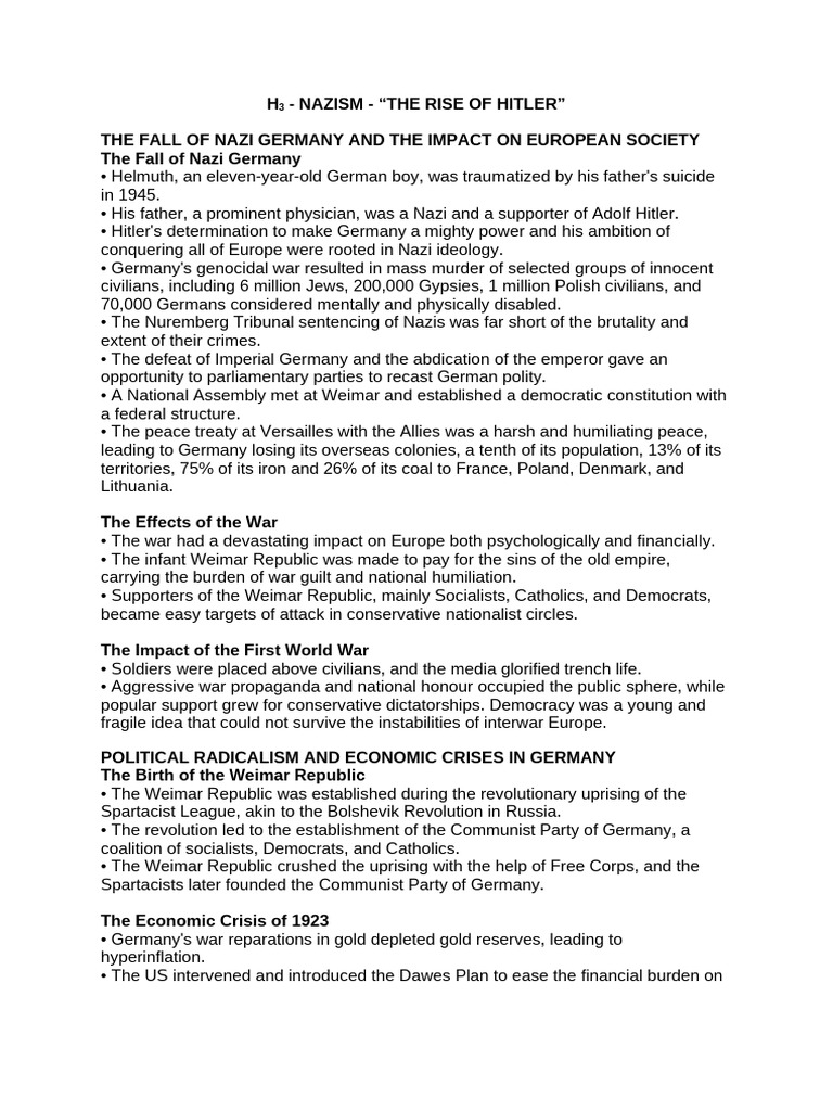 Class 9 Social Science History Nazism & The Rise of Hitler Notes | PDF ...