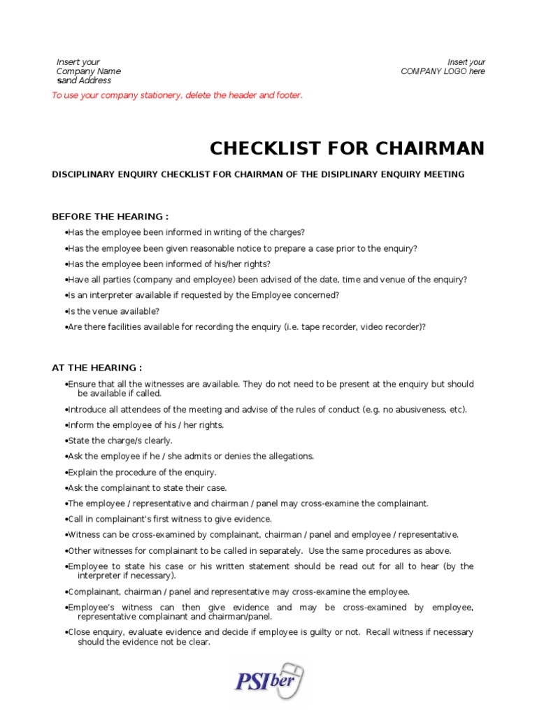 Disciplinary Enquiry Checklist | Cross Examination | Witness