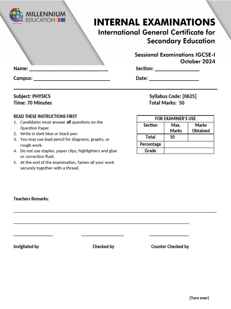 IGCSE-I Physics Sessional Paper Oct 2022 | PDF